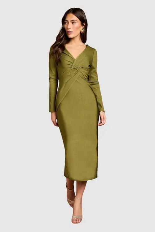 Coast Bandage Twist Front V-neck Midi Dress - Olive