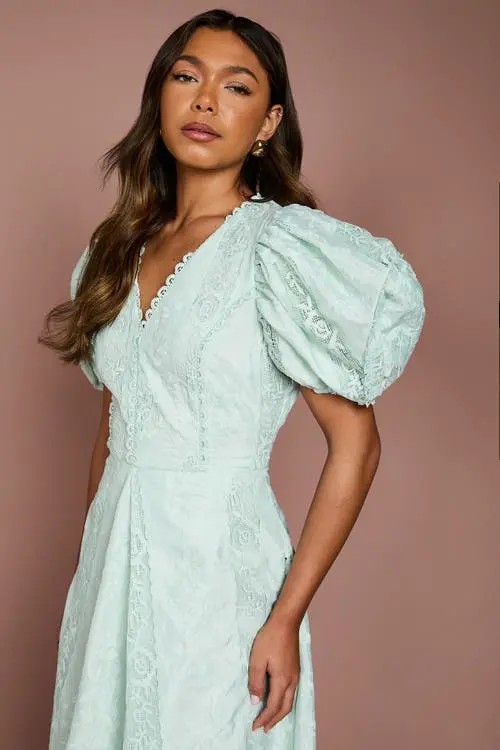 Coast Lace Puff-sleeve V-neck Midi Dress