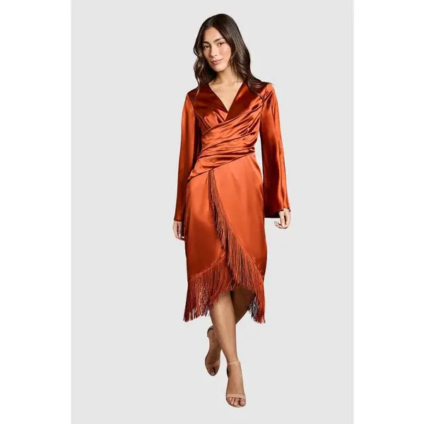 Coast Satin Midi Wrap Dress With Fringe Hem - Rust