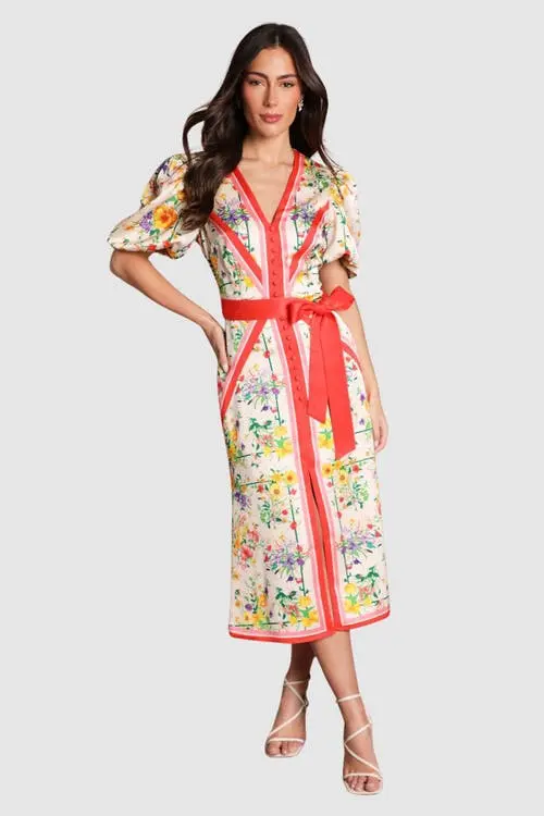 Coast Satin Scarf Print V-neck Midi Dress - Ivory