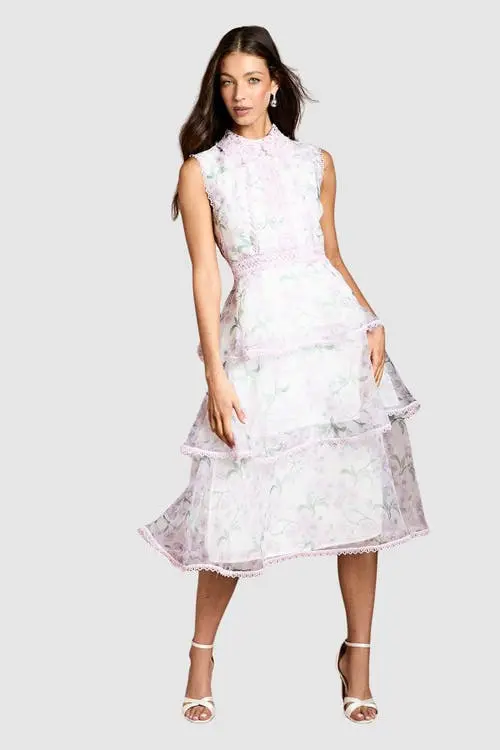 Coast Floral Tiered Midi Dress With Lace Collar - Ivory