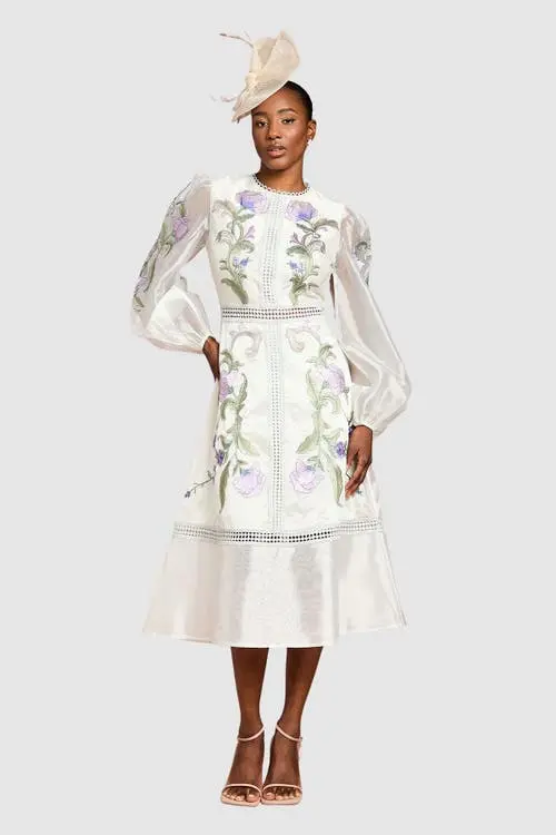 Coast Embroidered Blouson Sleeve Midi Dress - Light Blue