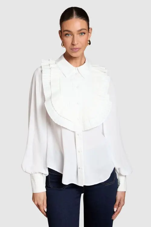 Coast Ruffle Bib Shirt With Balloon Sleeves - Ivory