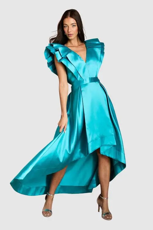 Coast V-neck High-low Midi Dress With Architectural Frill Sleeves - Teal