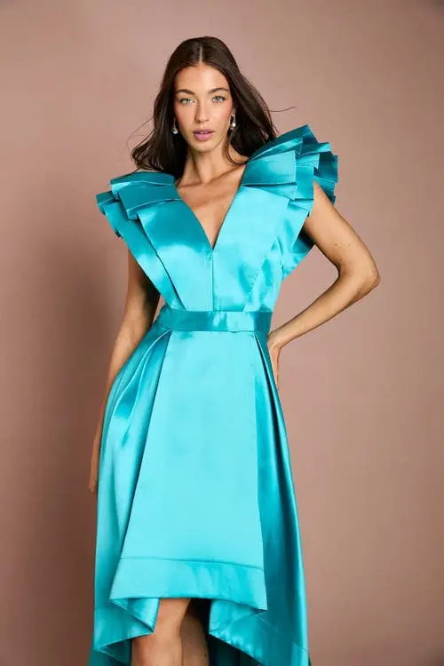 Coast V-neck High-low Midi Dress With Architectural Frill Sleeves