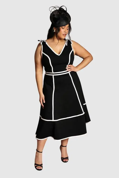 Coast Plus Ponte V-neck Midi Dress With Contrast Piping - Black