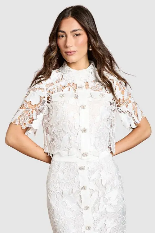 Coast Lace Detail Short Sleeve Collared Shirt - Ivory