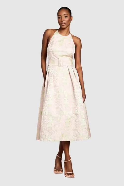 Coast Halterneck Floral Jacquard Midi Dress - Neutral
