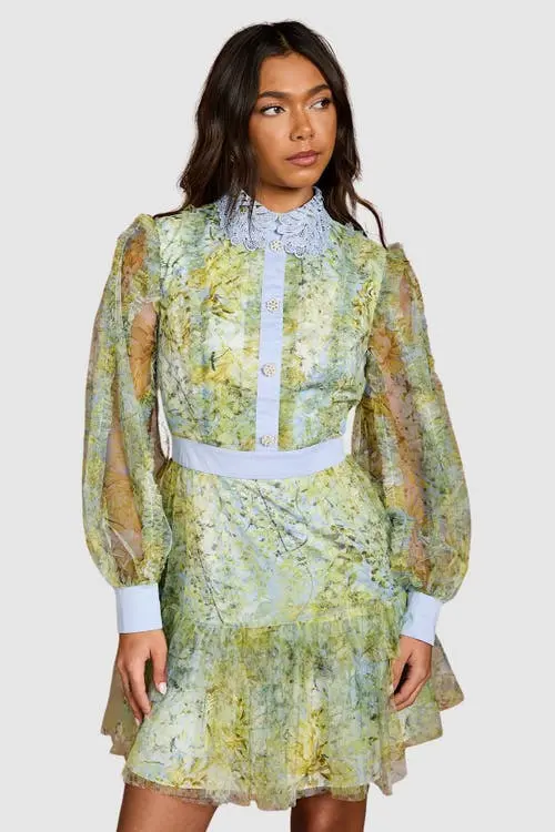 Coast Printed Mesh Collared Mini Dress - Yellow