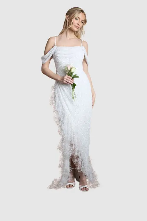 Coast Bardot Neck Feather Trim Maxi Dress - Ivory