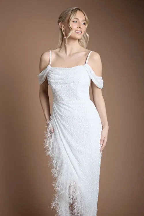 Coast Bardot Neck Feather Trim Maxi Dress