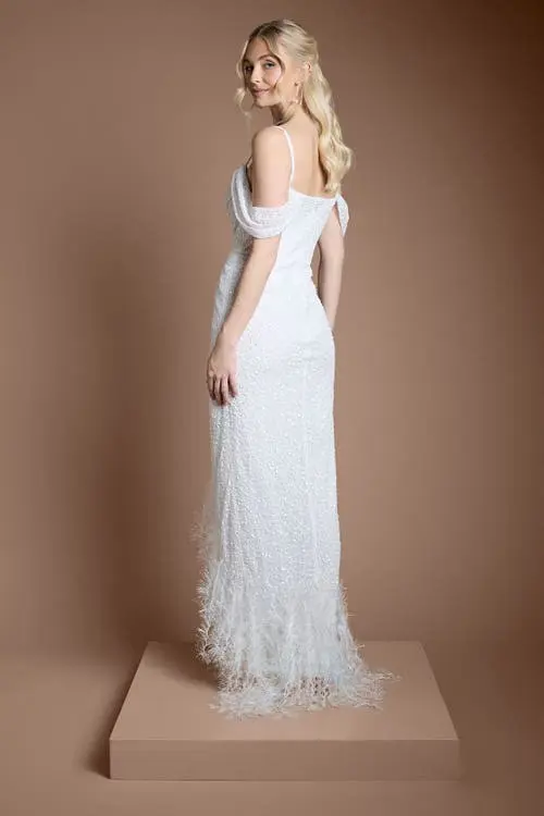 Coast Bardot Neck Feather Trim Maxi Dress