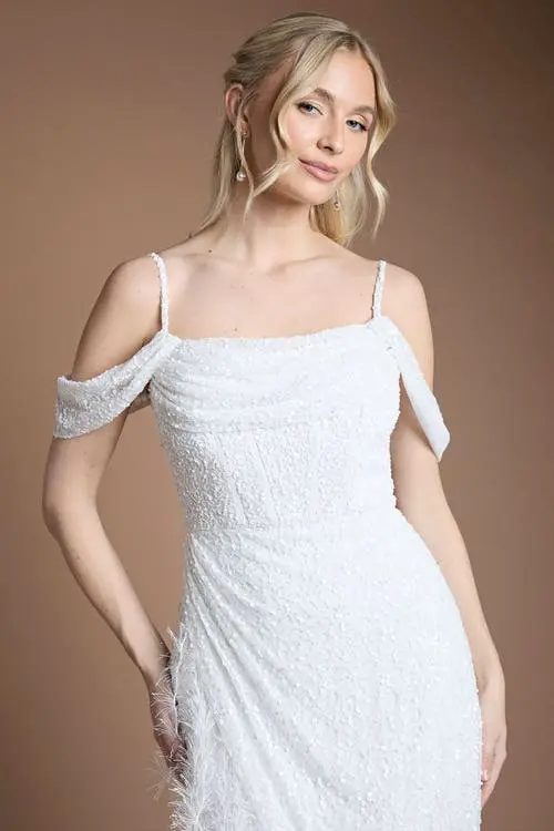 Coast Bardot Neck Feather Trim Maxi Dress