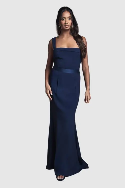 Coast Square Neck Satin Maxi Dress With Wide Straps And Bow Detail - Navy
