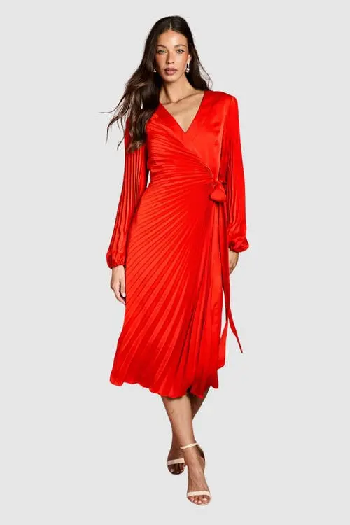 Coast Satin Pleated Long Sleeve V-neck Wrap Dress - Flame Red