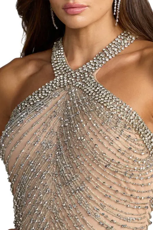 Mac Duggal Halter Neck Embellished Maxi Gown