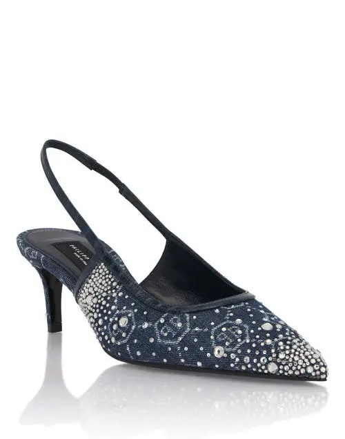 Philipp Plein Monogram Strass Denim Mid Heels Slingbacks