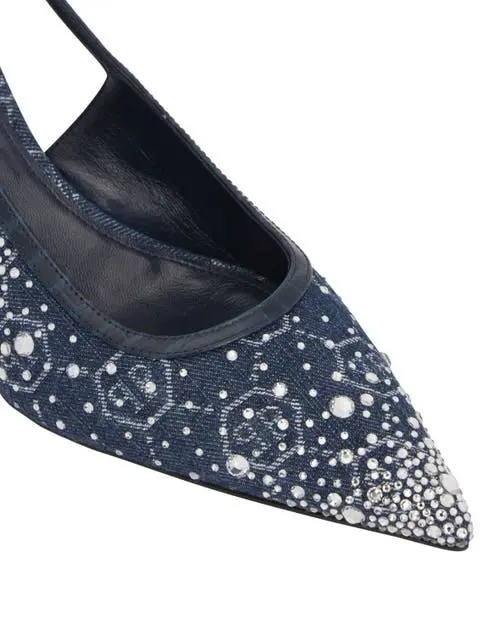 Philipp Plein Monogram Strass Denim Mid Heels Slingbacks