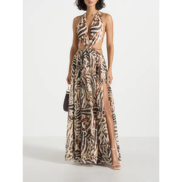 Manière De Voir Chain Belt Cut-out Halter Maxi Dress - Beige/brown
