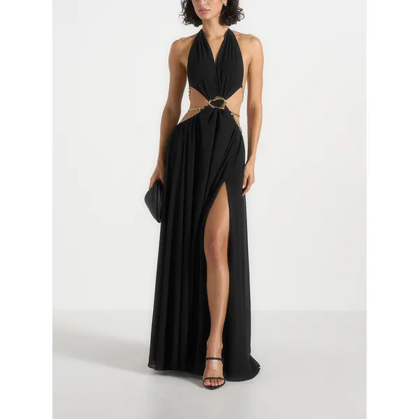 Manière De Voir Chain Belt Cut-out Halter Maxi Dress - Black