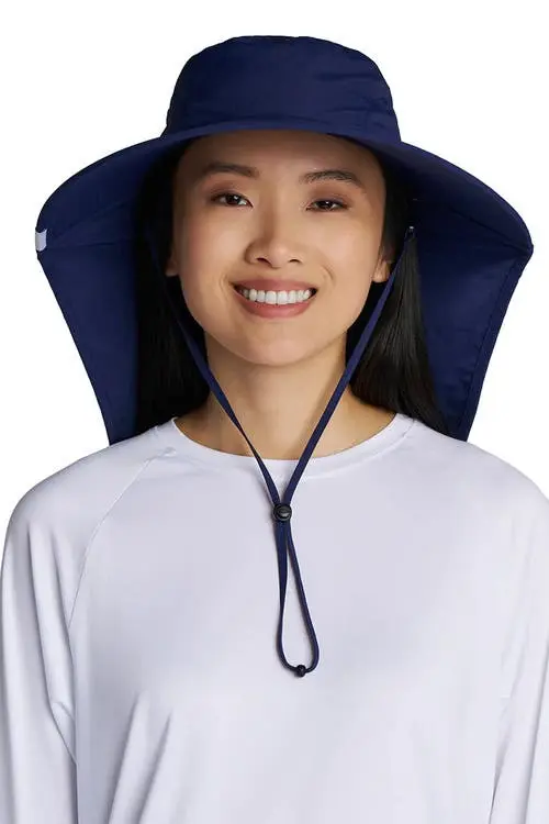 Coolibar Safeshade Wide Brim Sun Hat With Neck Flap - Navy