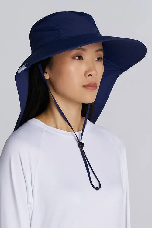 Coolibar Safeshade Wide Brim Sun Hat With Neck Flap - Navy