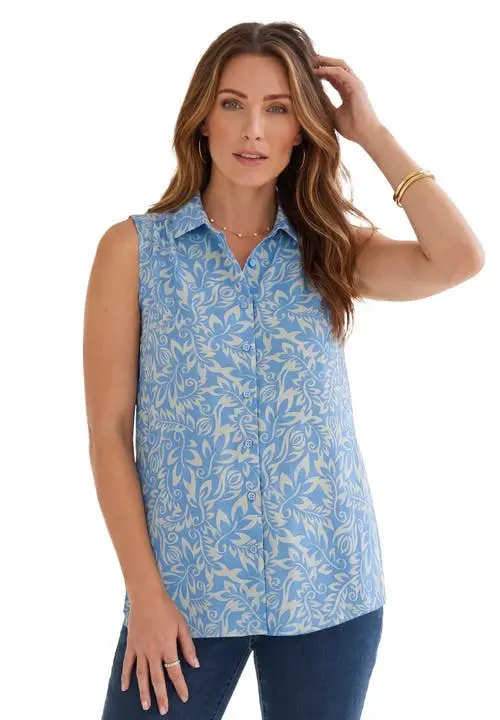 Roaman's Sleeveless Button-down Shirt - Blue Leaf Print