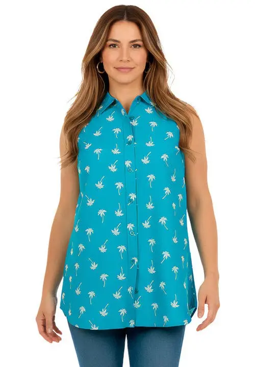 Roaman's Sleeveless Button-down Shirt - Deep Turquoise Palm Trees