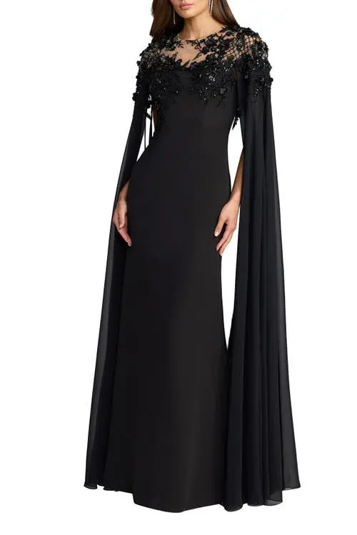 Mac Duggal Floral Embellished Crepe Gown With Chiffon Cape - Black