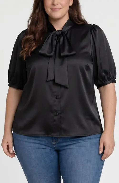 LIVERPOOL Tie Neck Puff Sleeve Satin Top