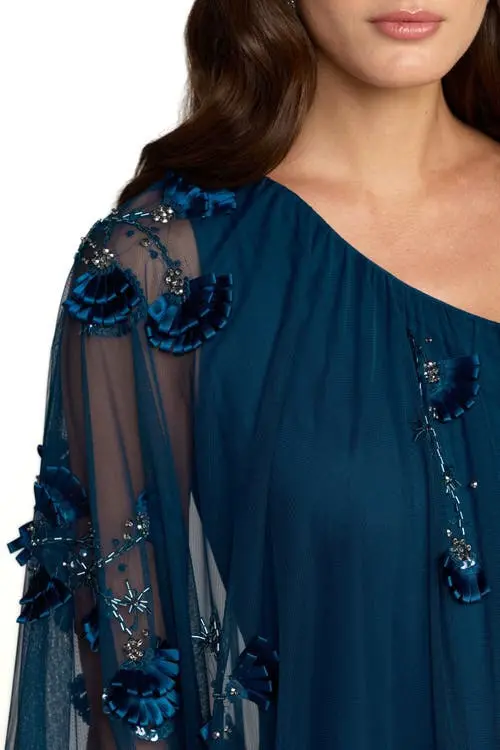 Mac Duggal One Shoulder Asymmetrical Flower Detail Net Gown