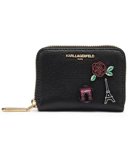 Karl Lagerfeld Paris Maybelle Rhinestones+patches Small Zip Around Wallet - Black/gold