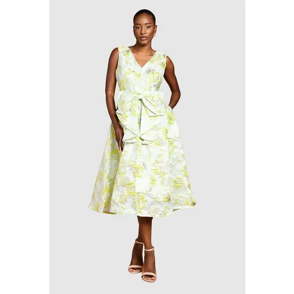 Coast V-neck Bow Jacquard Midi Dress - Green