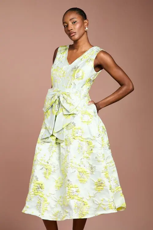 Coast V-neck Bow Jacquard Midi Dress