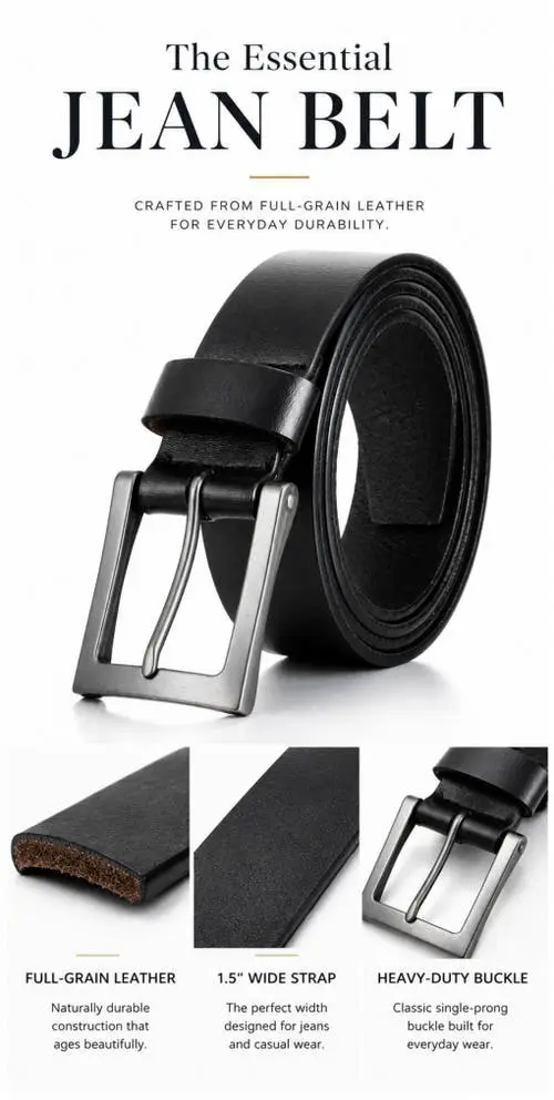MIO MARINO Full-grain Leather Casual Jean Belt - Black