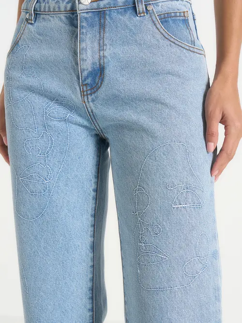 Manière De Voir Calista Line Art Straight Leg Jeans - Mid Blue