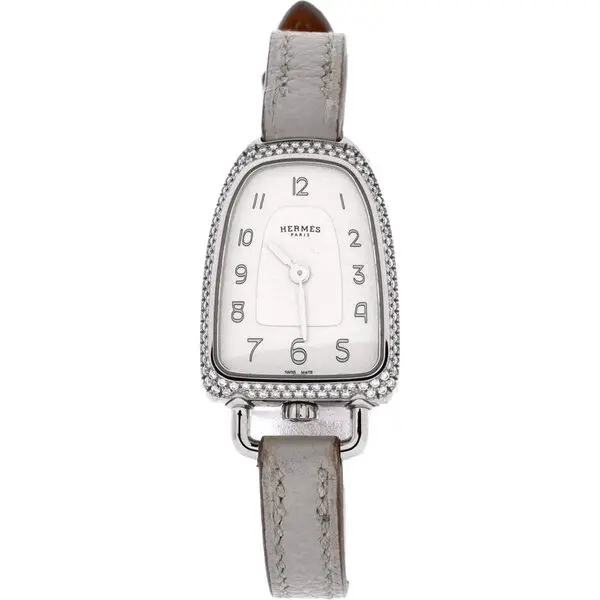 Hermès Galop D' Quartz Watch Stainless Steel And Leather With Diamond Bezel 21 - Grey