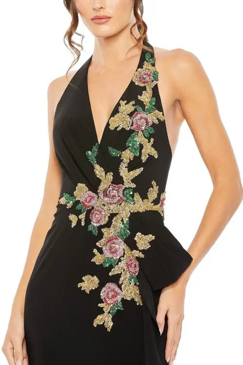 Mac Duggal Halter Floral Embellished Gown