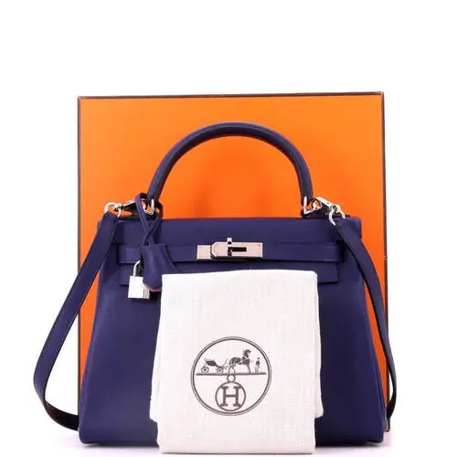 Hermès Kelly Handbag Verso Evercolor With Palladium Hardware 28 - Blue