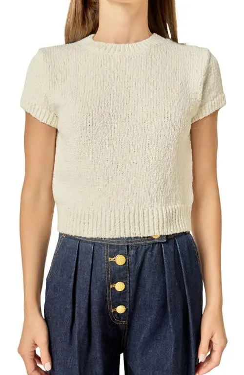English Factory Rib Trim Short Sleeve Knit Top - White