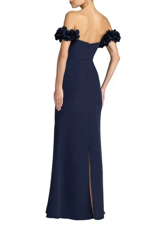 Mac Duggal Petite Crepe Off The Shoulder Gown With 3d Flowers