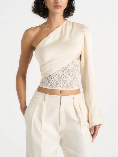 Manière De Voir Coralie One-shoulder Lace Wrap Top - Champagne