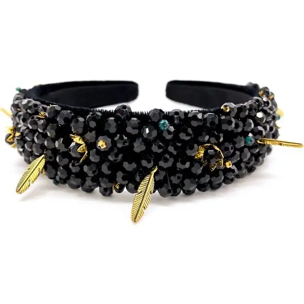 ADIBA Beaded Headband With Gold Embellishments - Black