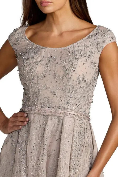 Mac Duggal Embellished Cap Sleeve High Slit A Line Gown