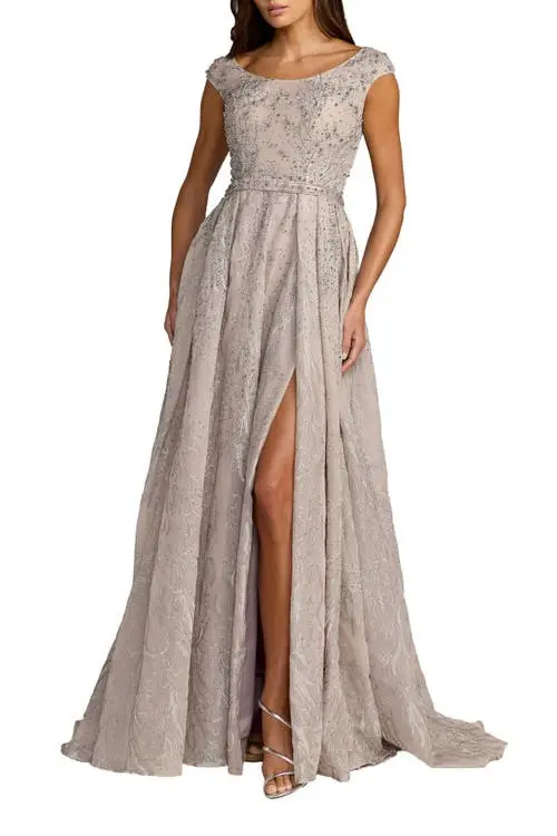 Mac Duggal Embellished Cap Sleeve High Slit A-line Gown - Taupe