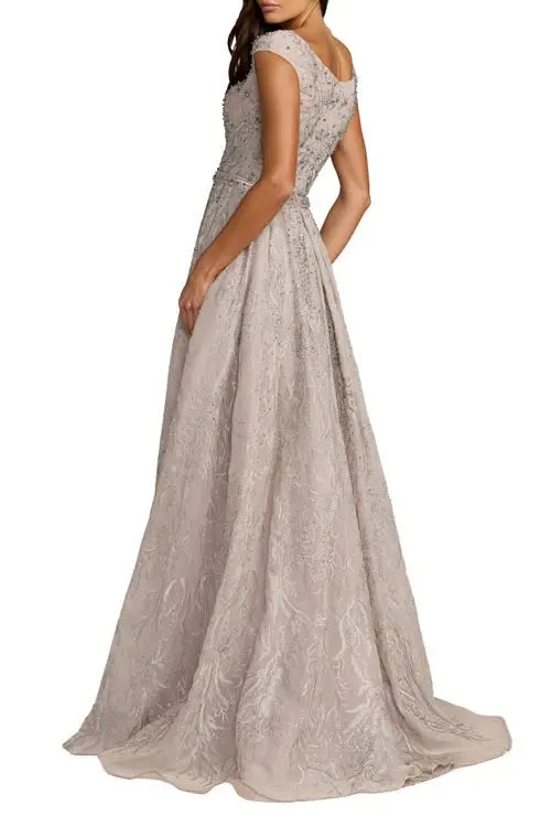 Mac Duggal Embellished Cap Sleeve High Slit A-line Gown