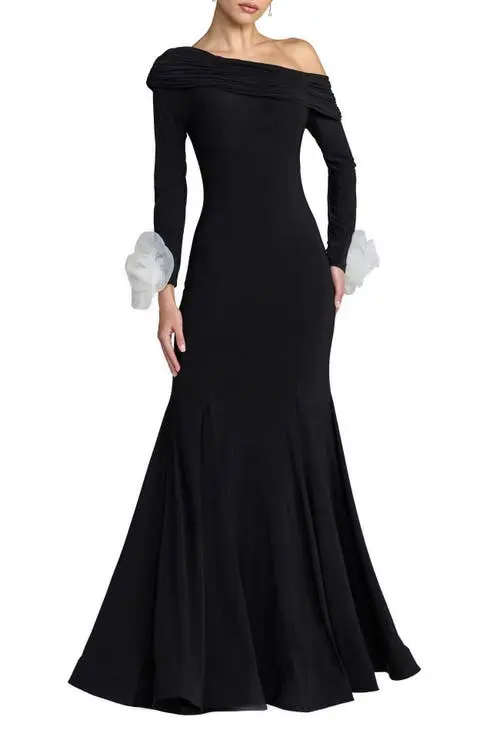 Mac Duggal One Shoulder Long Sleeve Mermaid Gown With 3d Floral Accents - Black Ivory