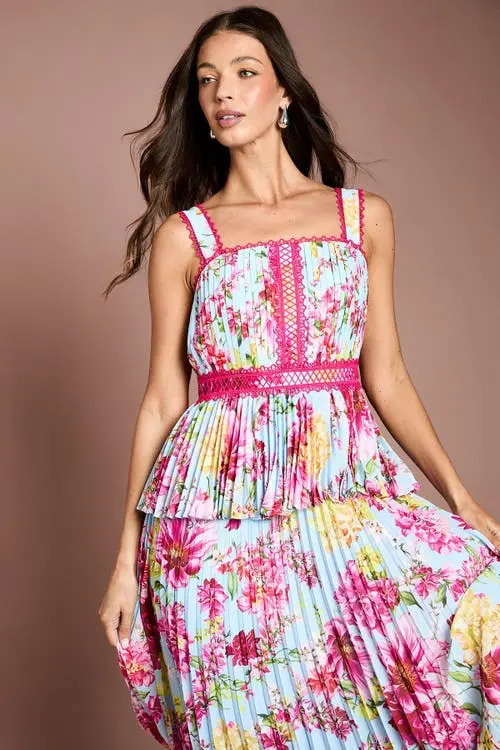 Coast Pleated Floral Square Neck Midi Dress