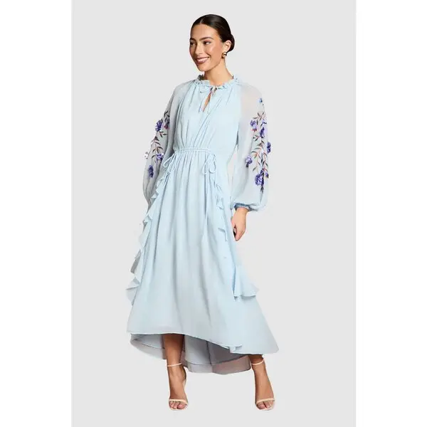 Coast Floral Embroidered Ruched Midi Dress - Light Blue