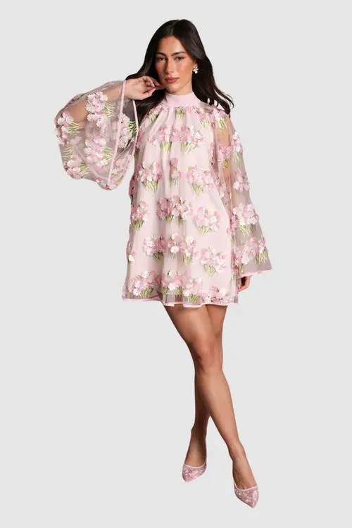 Coast Long Sleeve Embroidered Mesh Shift Dress - Pink